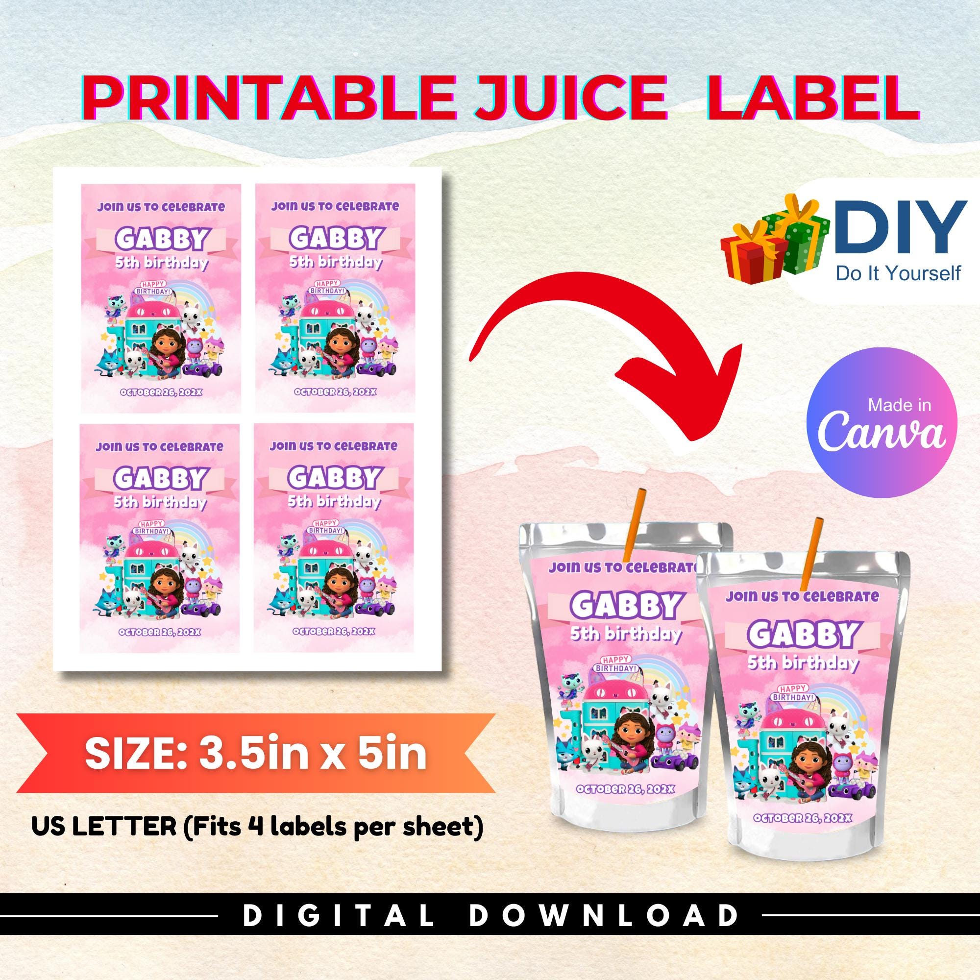 Gabby Doll Water Bottle Label, Dollhouse Caprisun Juice Label, Gabby ...