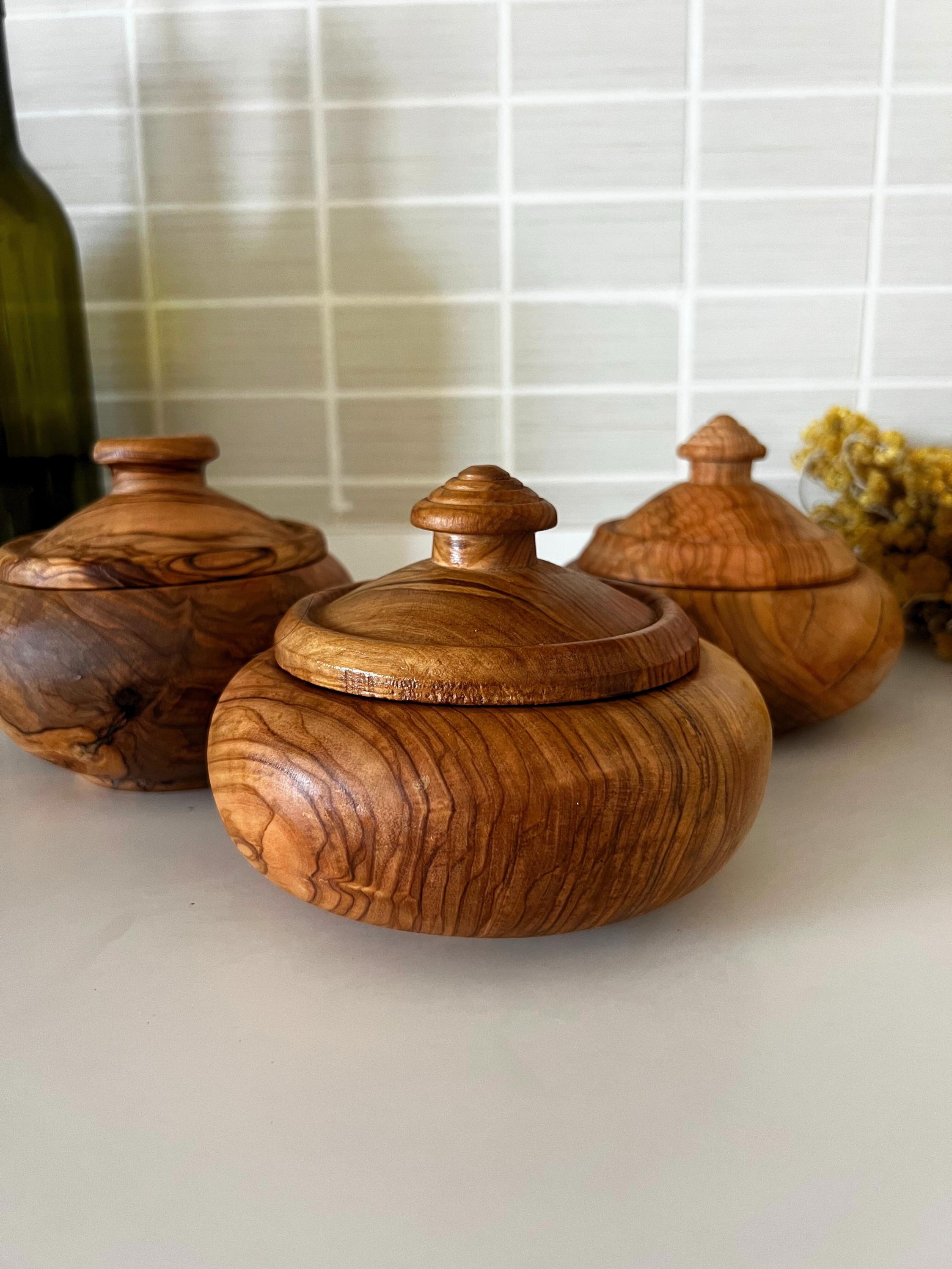 Handmade Olive Wood Jar With Lid – Rustic Kitchen Storage Bowl ...
