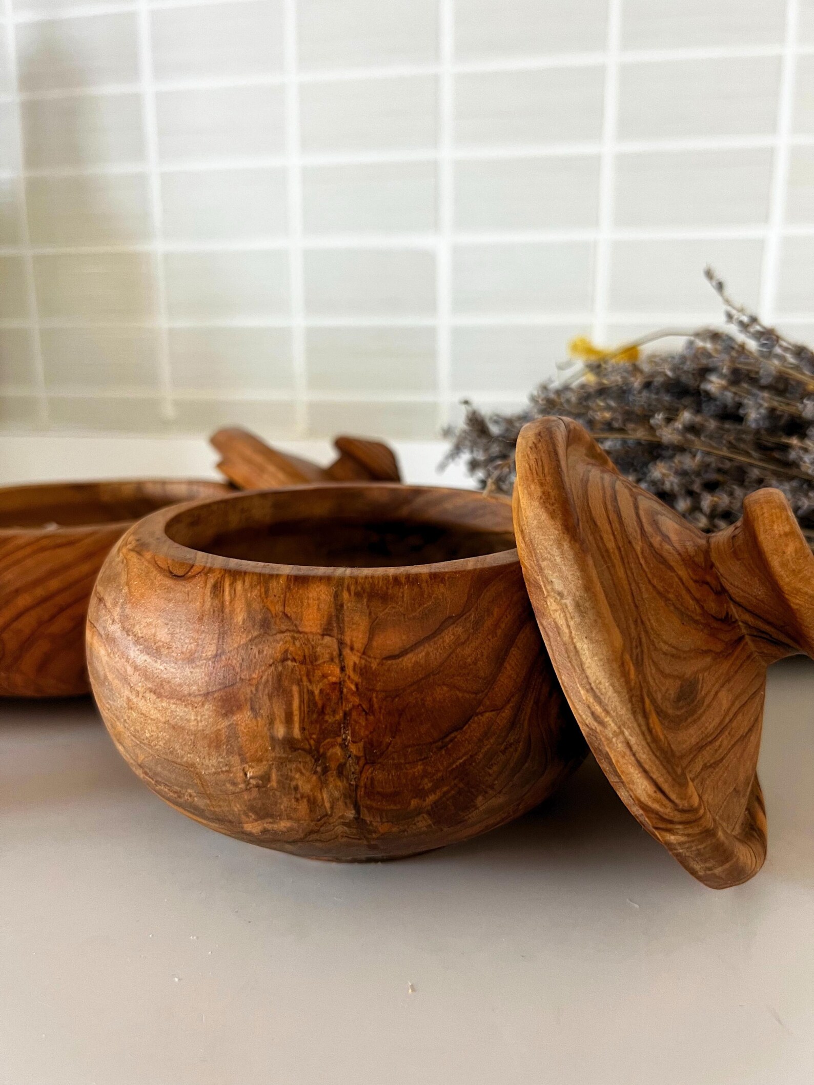 Handmade Olive Wood Jar With Lid – Rustic Kitchen Storage Bowl ...