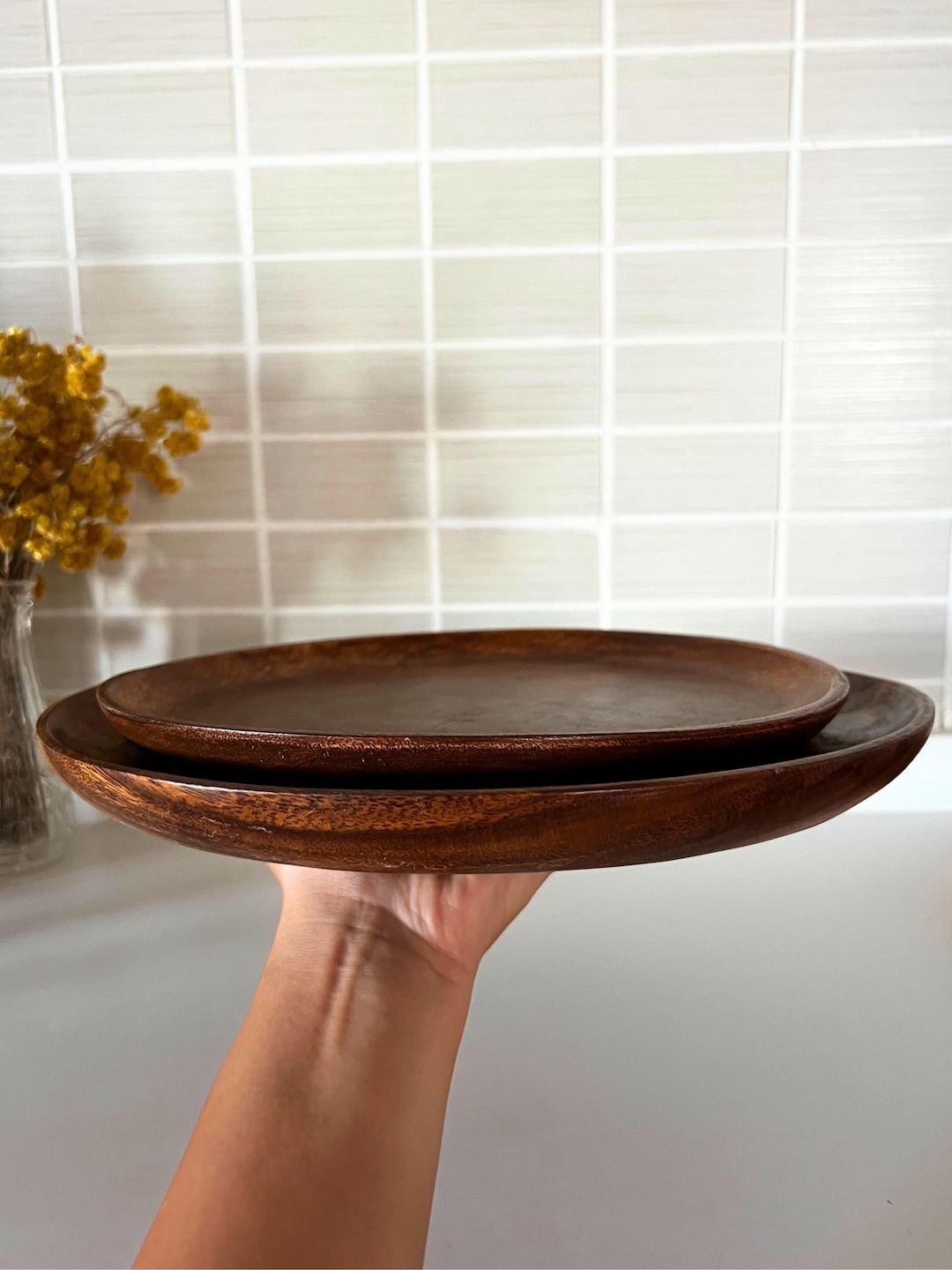 Handmade Acacia Wood Plate, Round Serving Dish, Rustic Wooden Dinner ...