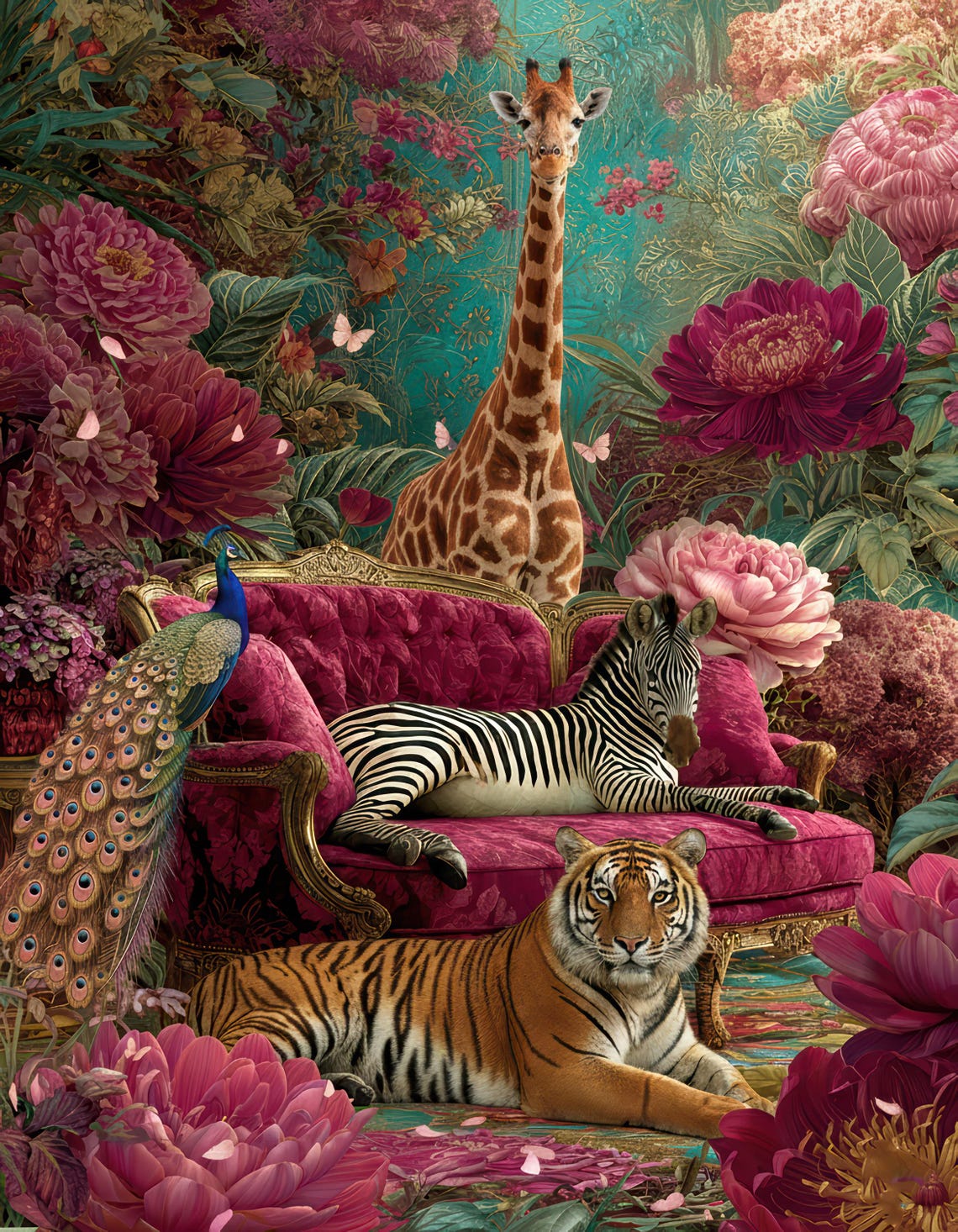Colorful Jungle Animal Wall Art Poster With Tiger Giraffe Zebra Peacock ...