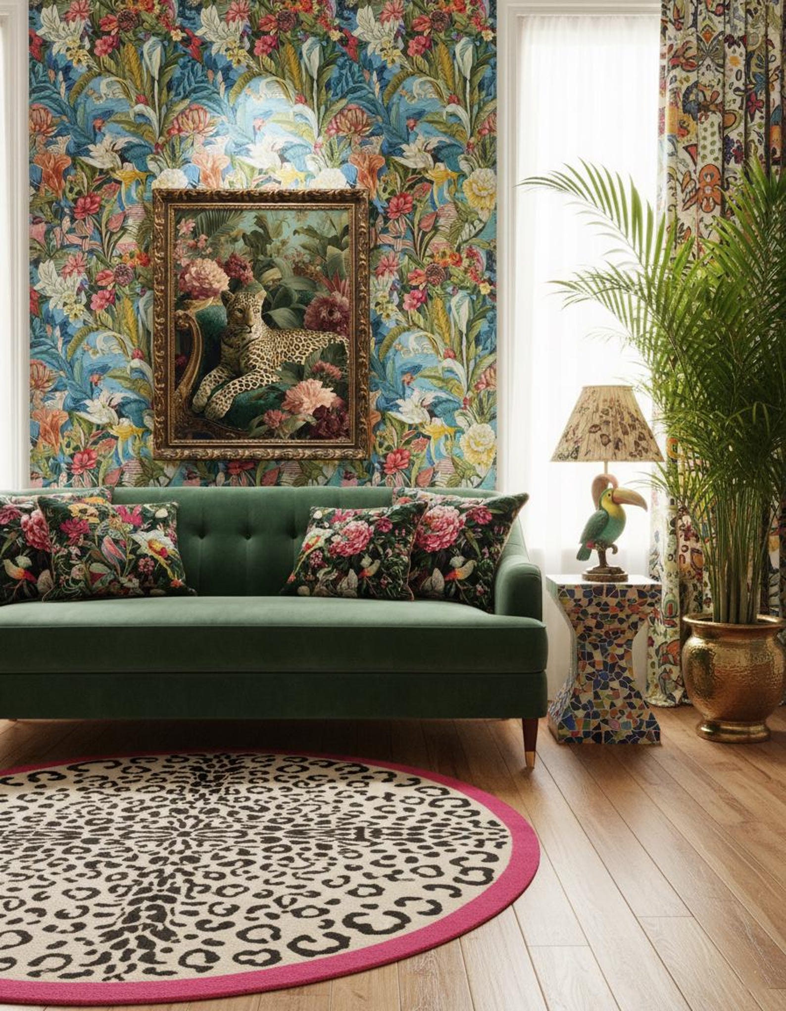 Luxury Jungle Leopard Wall Art Poster With Green Sofa and Floral ...