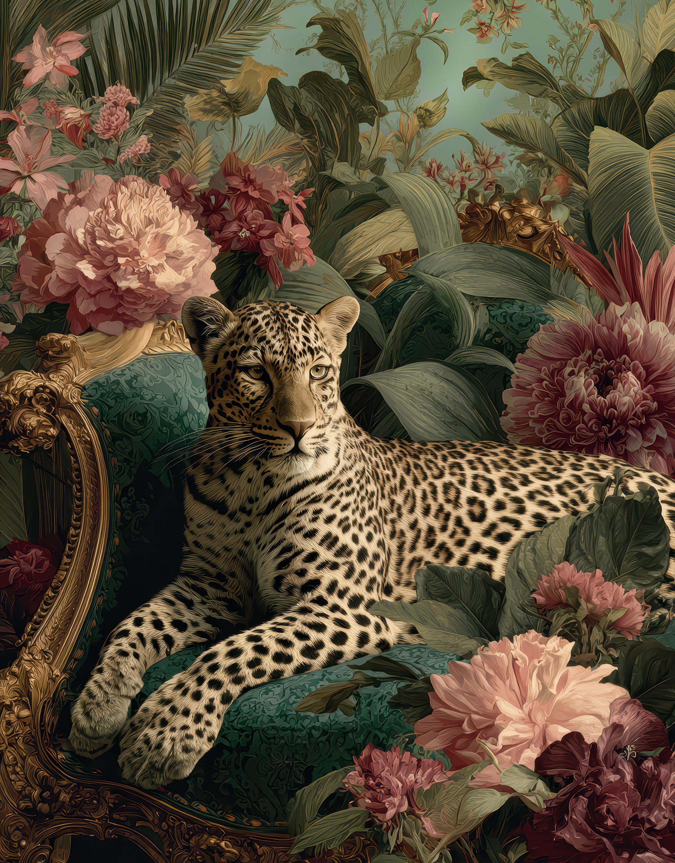 Luxury Jungle Leopard Wall Art Poster With Green Sofa and Floral ...