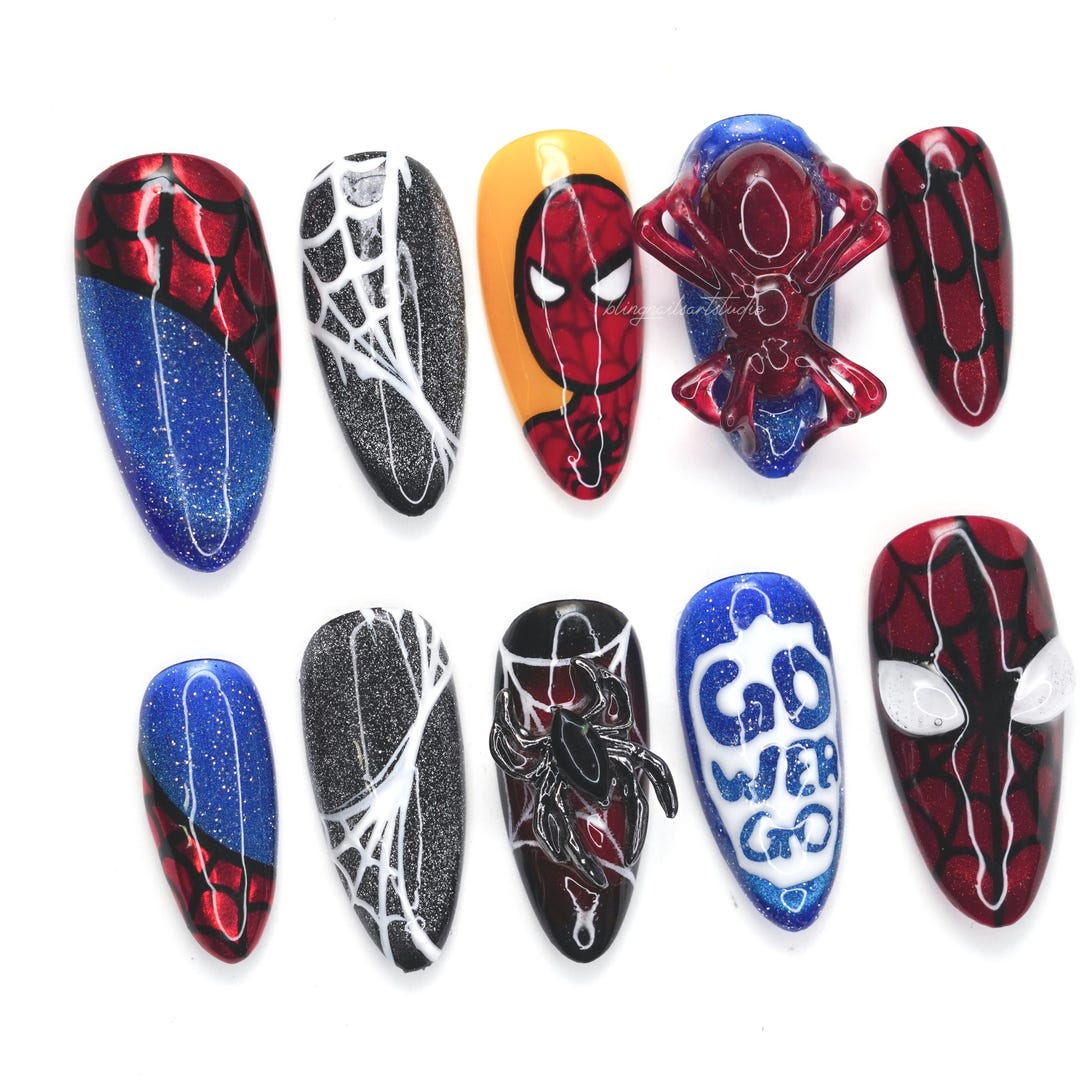 Spider-man Press on Nails, 3D Comic Superhero Nail Art Set, Marvel Web ...