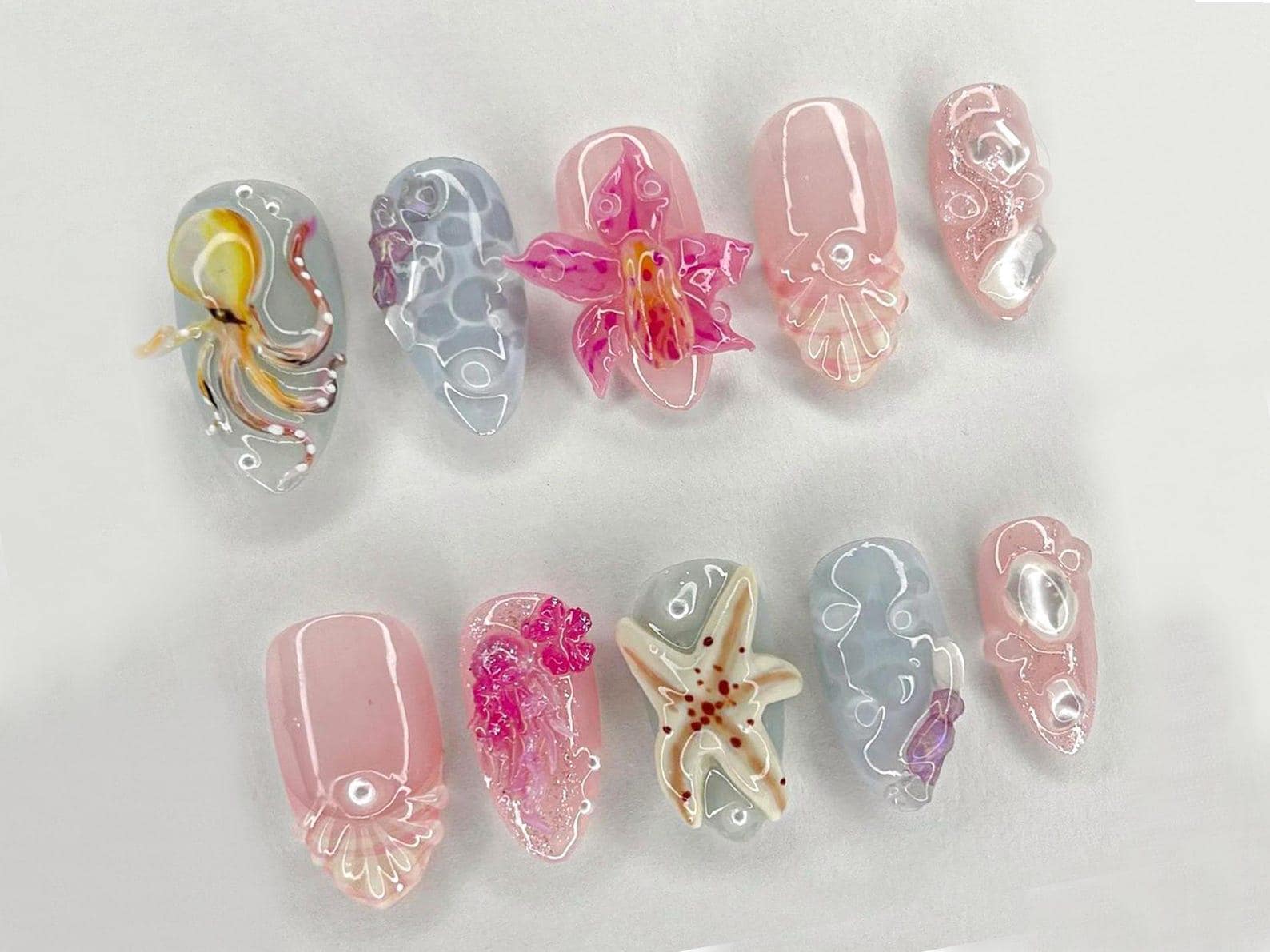 Ocean Bloom Press on Nails, 3D Octopus Starfish Shell Nail Art, Pink ...