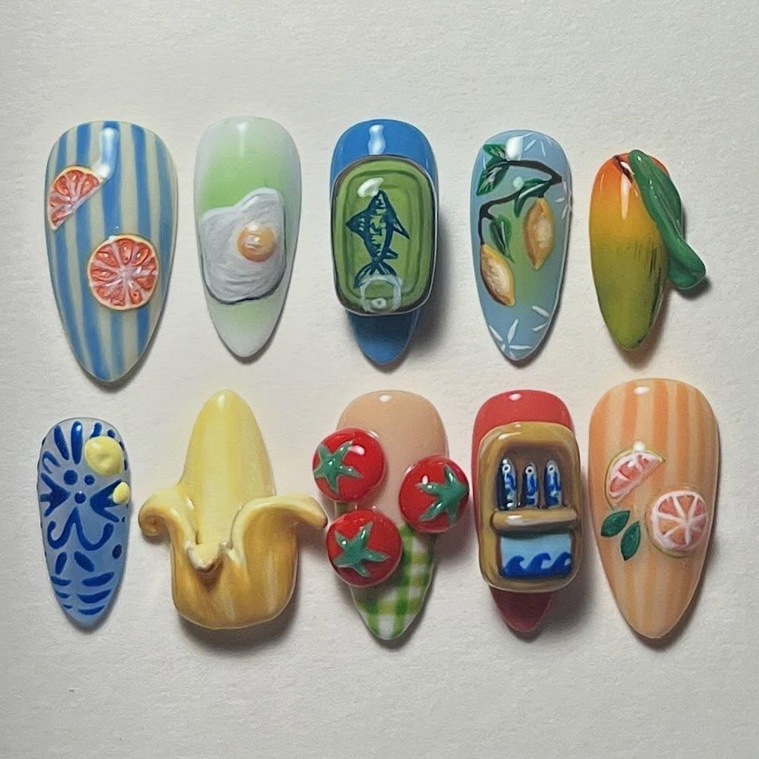 Mediterranean Kitchen Press on Nails, Summer Fruit & Veggie 3D Nail Art ...