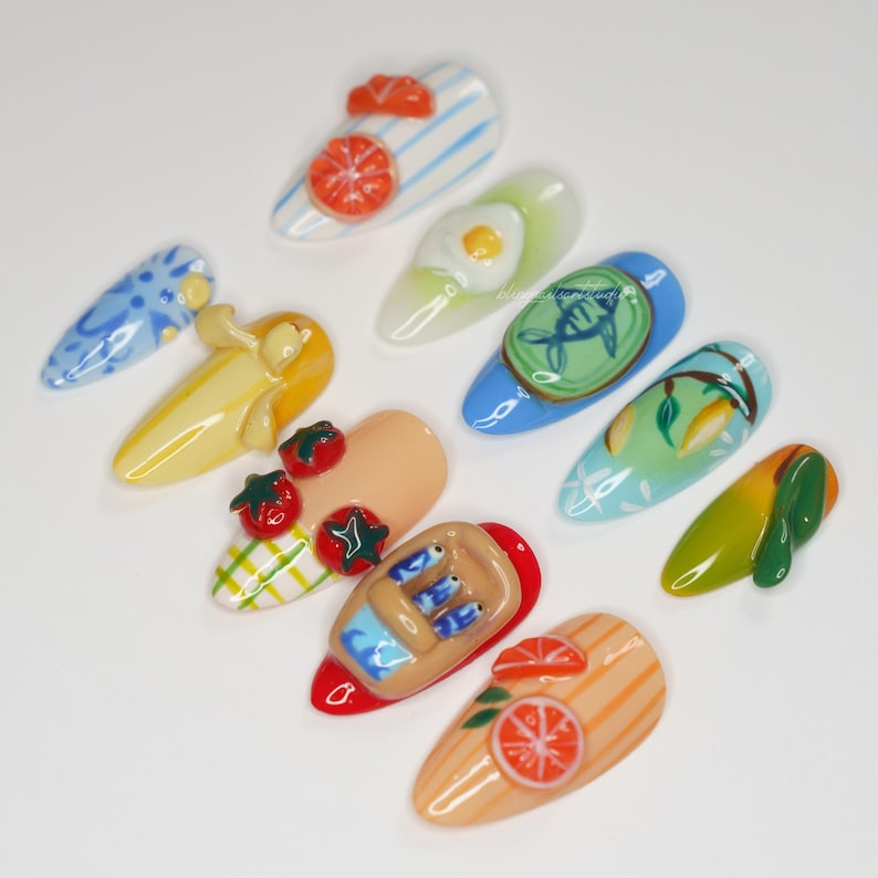 Mediterranean Kitchen Press on Nails, Summer Fruit & Veggie 3D Nail Art ...