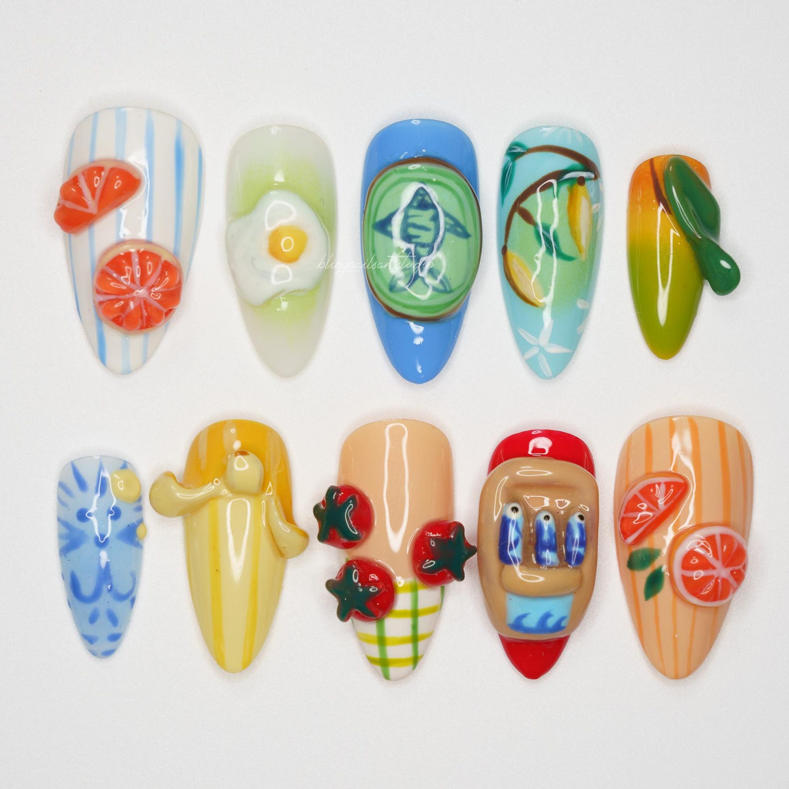 Mediterranean Kitchen Press on Nails, Summer Fruit & Veggie 3D Nail Art ...