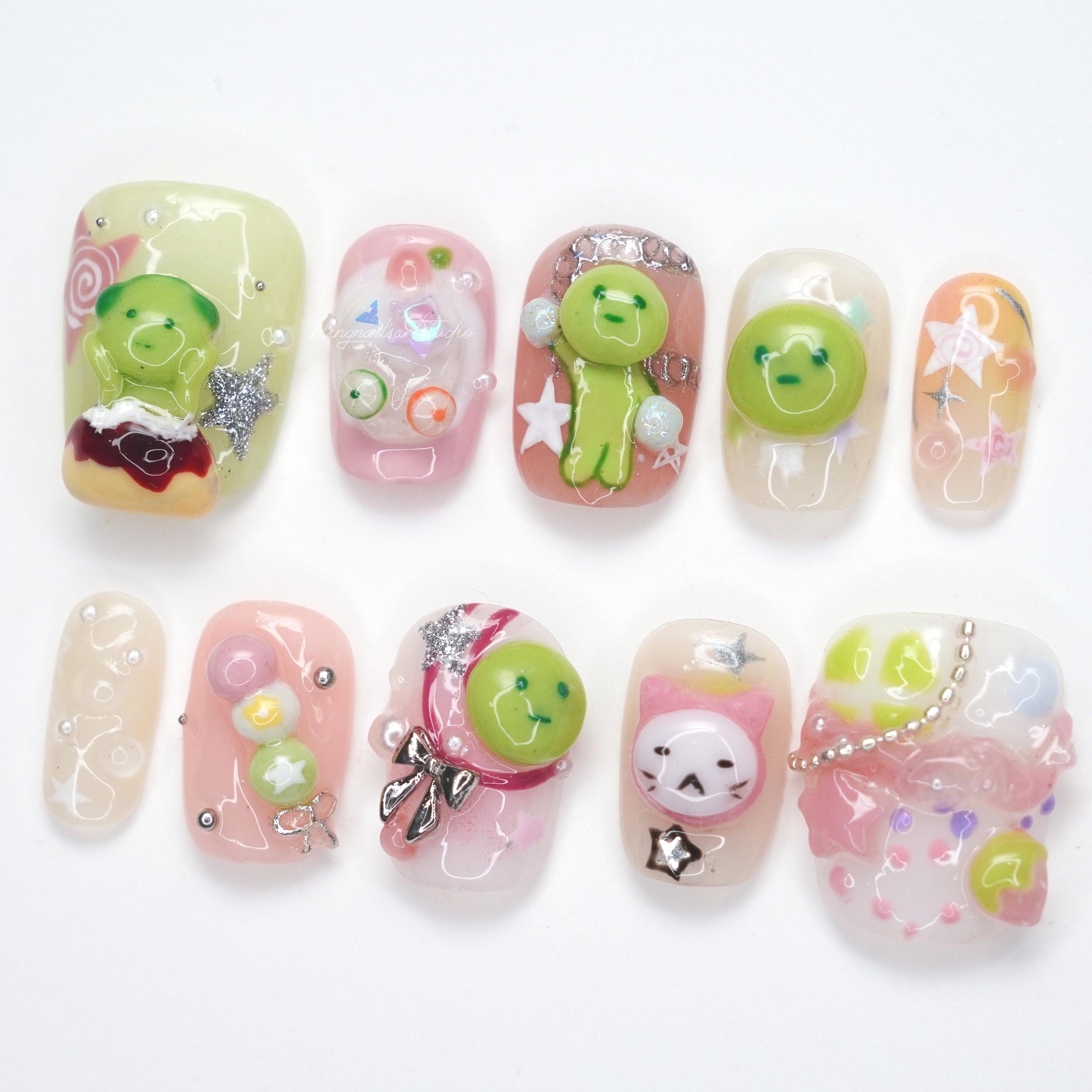 Smiski Alien Candyland Press on Nails, 3D Green Alien Sweets Nail Art ...