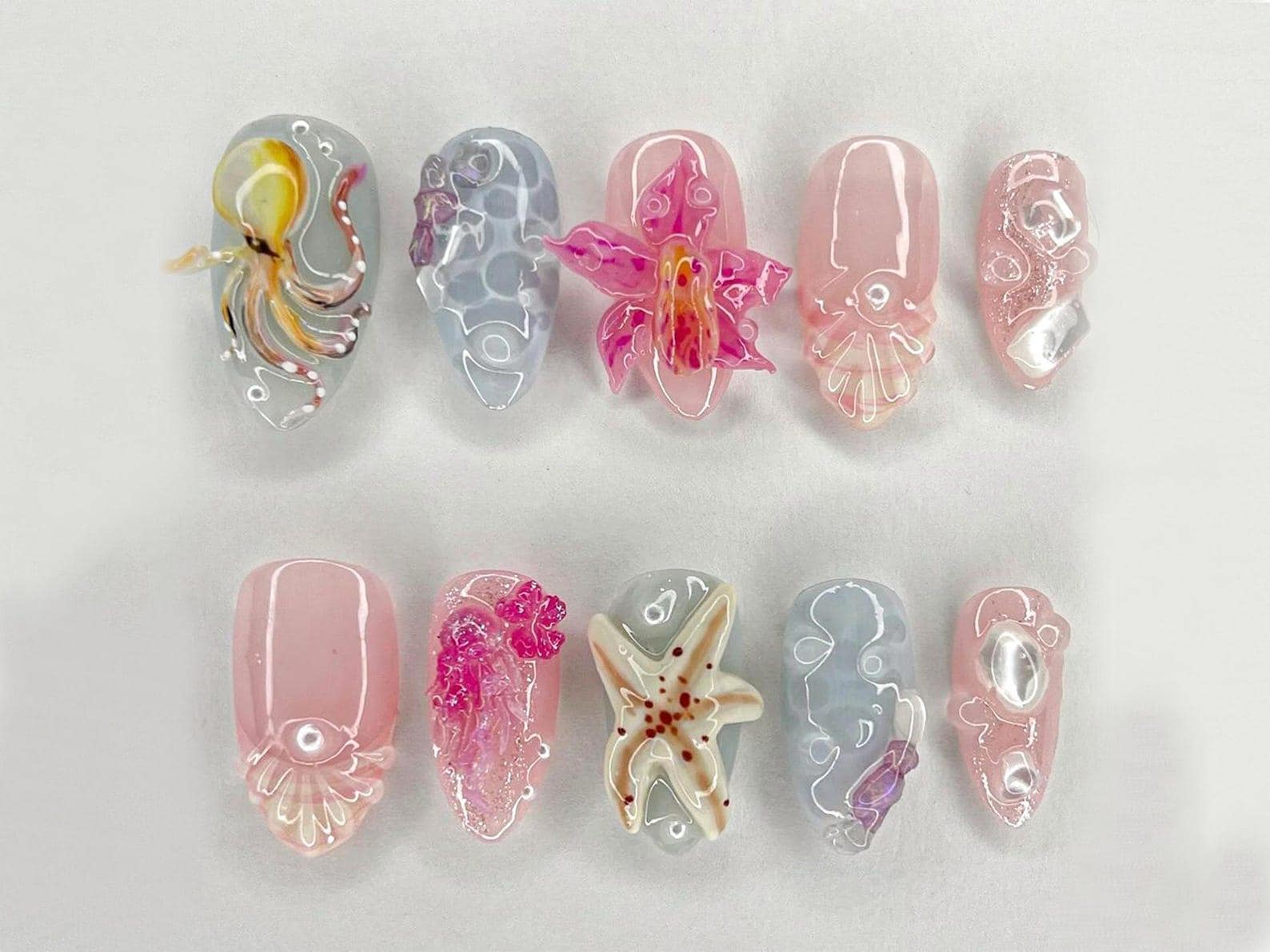Ocean Bloom Press on Nails, 3D Octopus Starfish Shell Nail Art, Pink ...