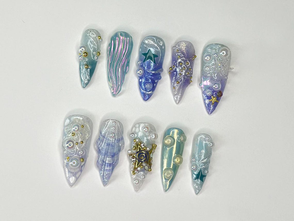 Ocean Pearl Press on Nails, Iridescent Blue Sea Nail Art, Mermaidcore ...