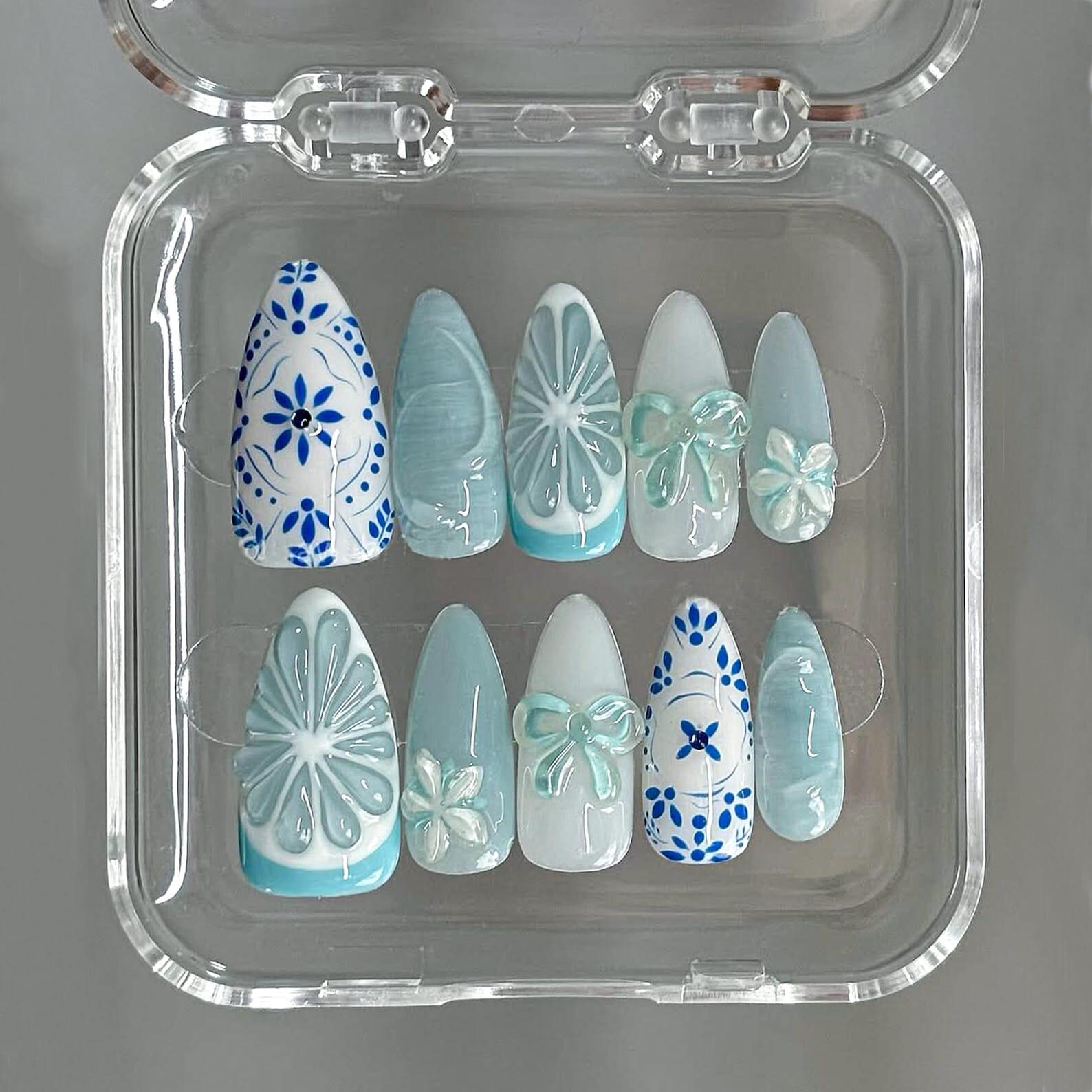 Blue Porcelain Flower Press on Nails, 3D Bow and Bloom Nail Art, Delft ...