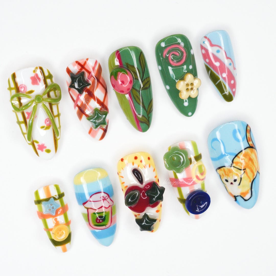Whimsical Cottagecore Press on Nails, 3D Fruit Nails, Cute Cat Art ...