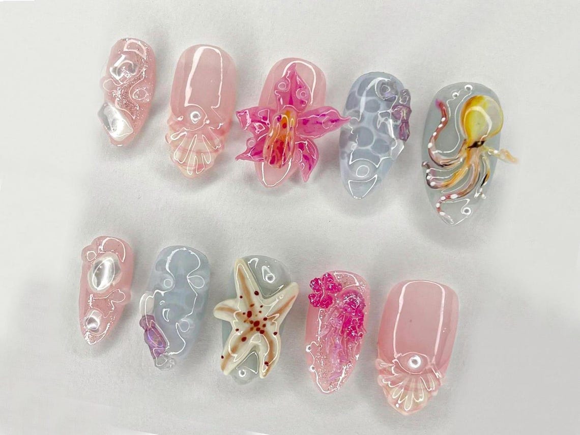 Ocean Bloom Press on Nails, 3D Octopus Starfish Shell Nail Art, Pink ...