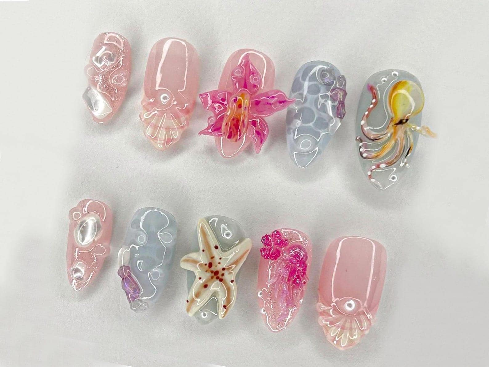 Ocean Bloom Press on Nails, 3D Octopus Starfish Shell Nail Art, Pink ...