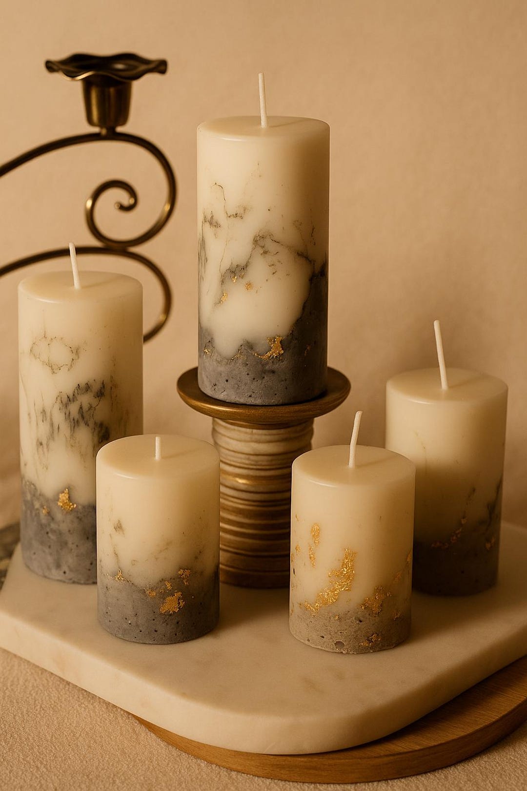 Luxury Hand-poured Marble Concrete Soy-coconut Pillar Candle | Gold ...