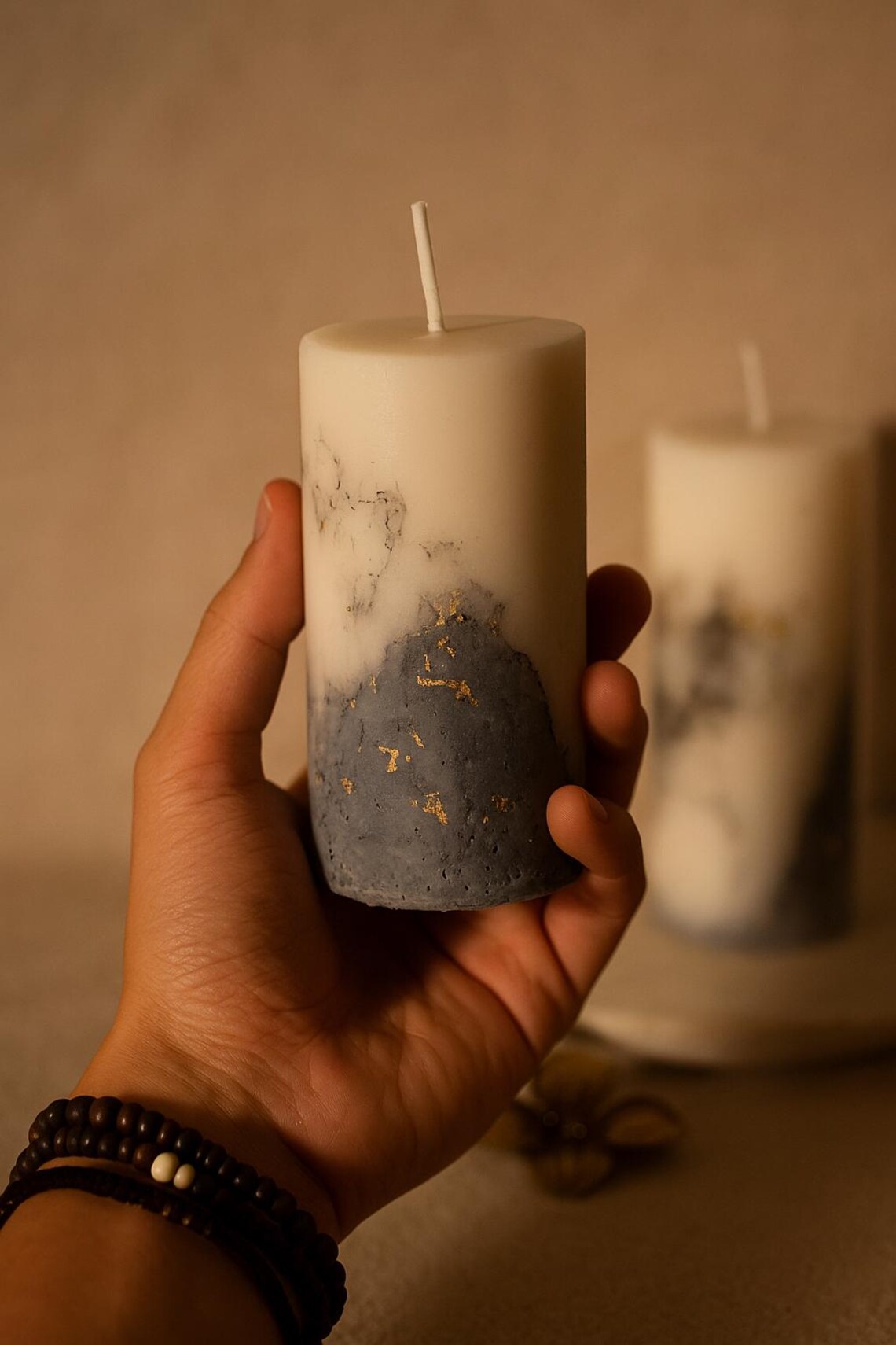 Luxury Hand-poured Marble Concrete Soy-coconut Pillar Candle | Gold ...