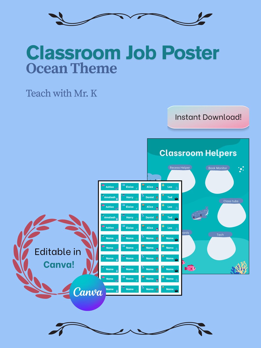 Ocean Theme Classroom Jobs Chart | Editable Classroom Job Chart ...