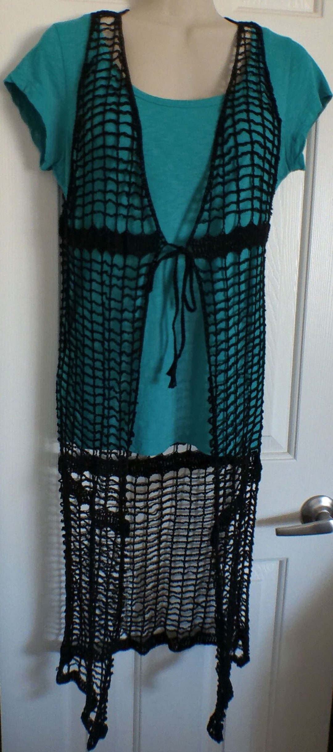 Crochet Long Vest With Ties, Cover Up, Tunic - Black - Etsy