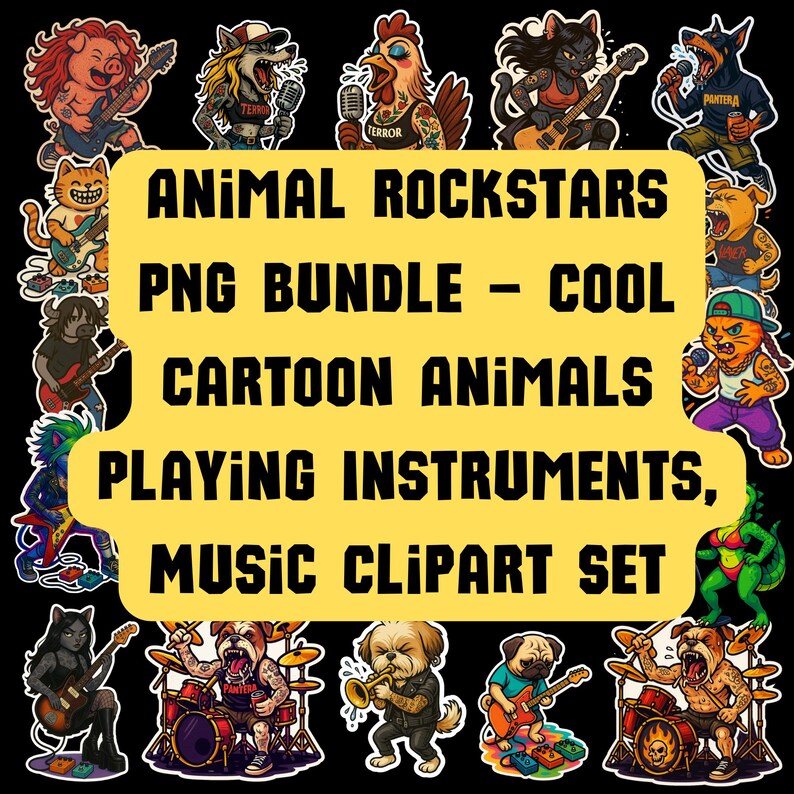 Rockstar Animals Clipart: Cartoon Band PNG Bundle - Etsy