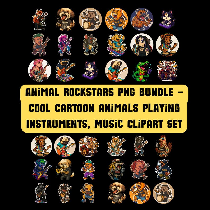 Rockstar Animals Clipart: Cartoon Band PNG Bundle - Etsy