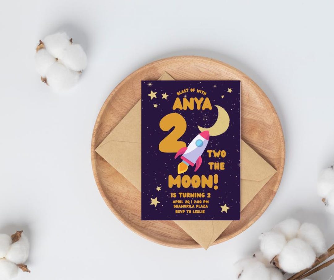 Two the Moon Birthday Invitation: Space Theme, Editable (digital ...