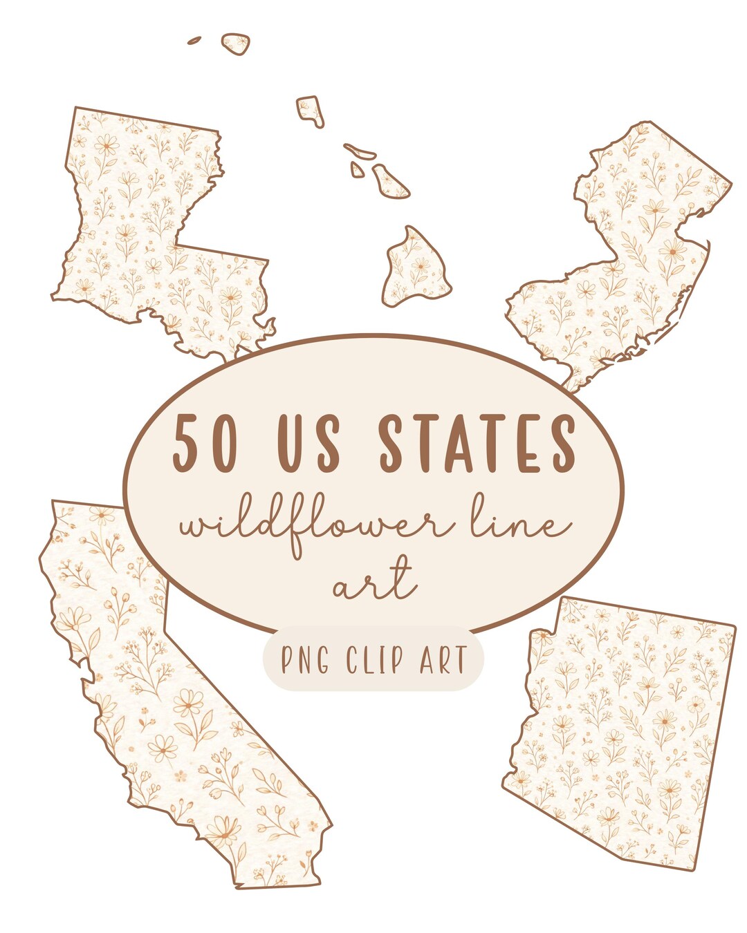 Wildflower Line Art US States PNG: 50 State Clip Art, Floral Map ...