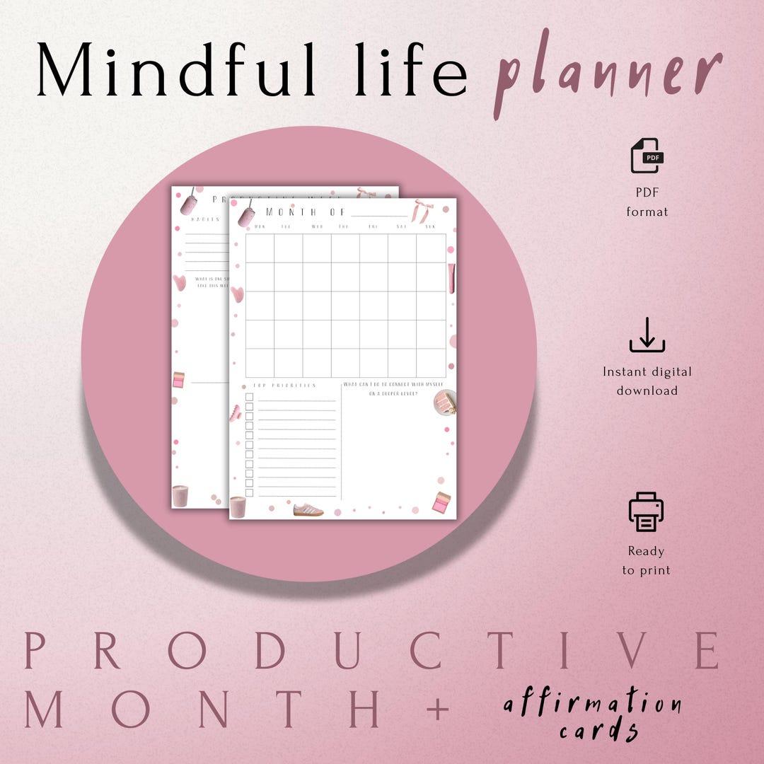 Pink Aesthetic Mindful Productivity Planner Bundle - Printable Monthly ...