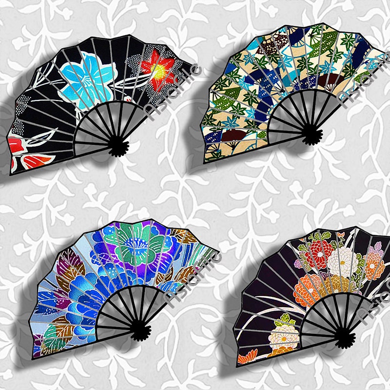 Digital Asian Fans 2.25" 16 Different Japanese Designs Decoupage ...