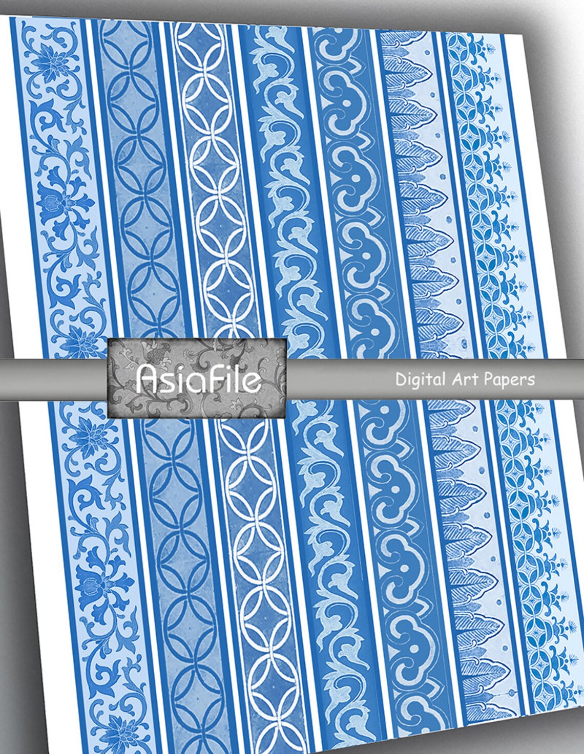 Digital Printable Asian Chinese Borders Art Strips 1" X 11" China Blue ...