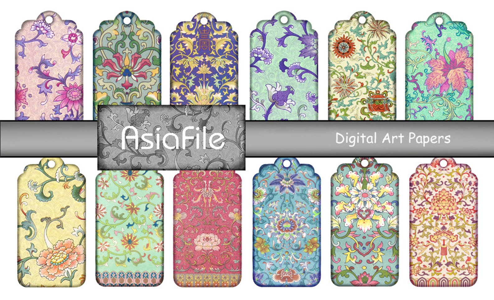 Digital Tags Printable Chinese Ornament Floral Asian Gift Tags Jewelry ...