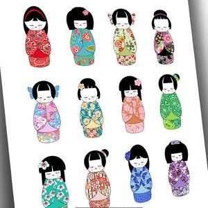 Digital Printable Cute Japanese Kokeshi Dolls 12 Different Each 2.5 ...