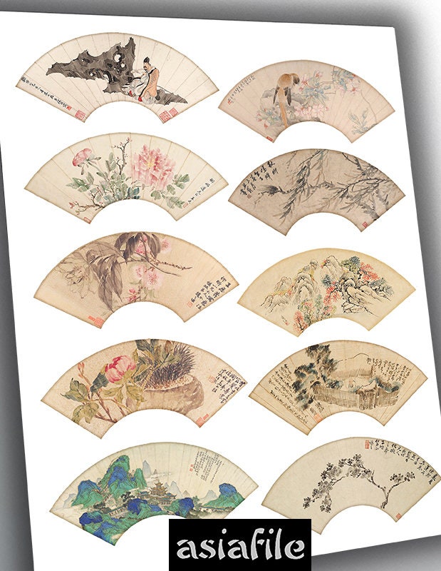 Digital Printable Asian Fans 4" Wide Antique Images Journaling ...