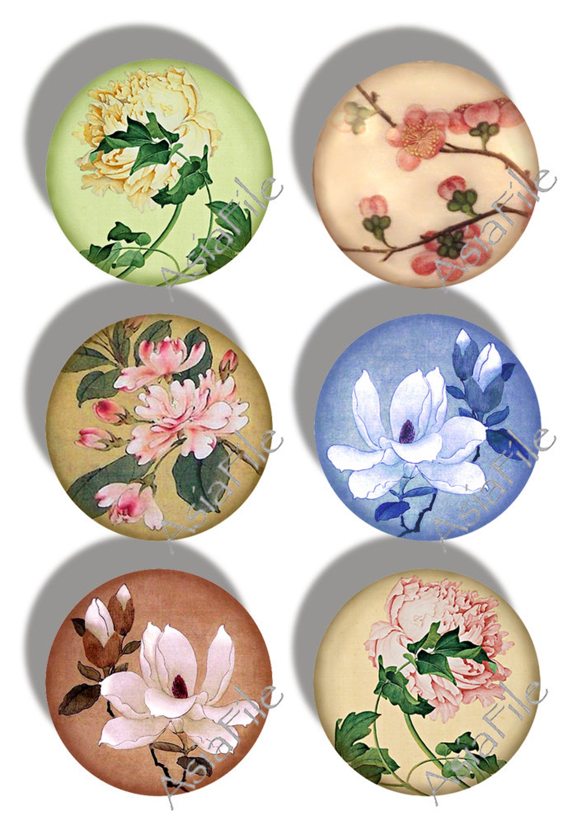 Printable Floral 1.5 Inch Circles Digital Asian Flowers | Etsy