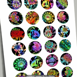 Bright Flowers 1.5 Inch and 1 Inch Circles, Digital Printable Collage ...