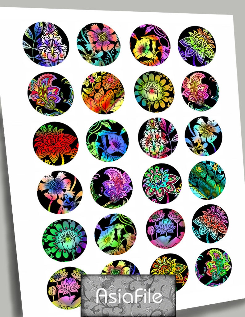 Bright Flowers 1.5 Inch and 1 Inch Circles Digital Printable - Etsy