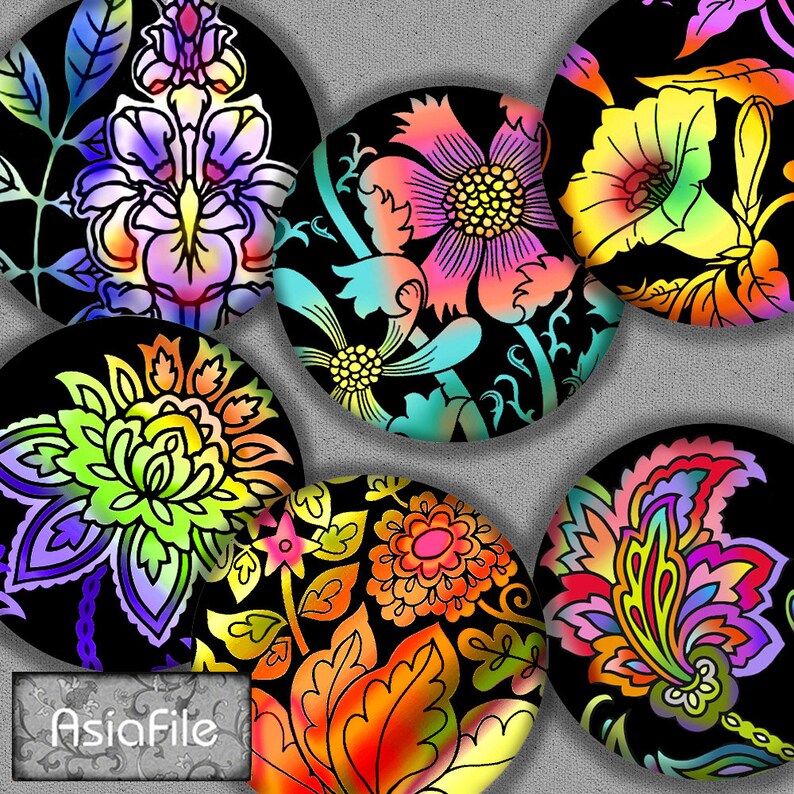 Bright Flowers 1.5 Inch and 1 Inch Circles Digital Printable - Etsy