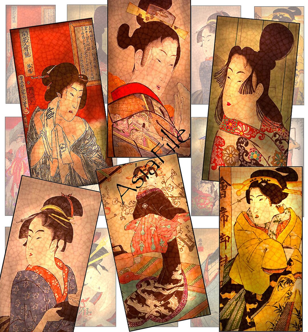 Printable Digital Collage Sheet, Digital Art, 1x2 Inch, Asian Art Tea ...