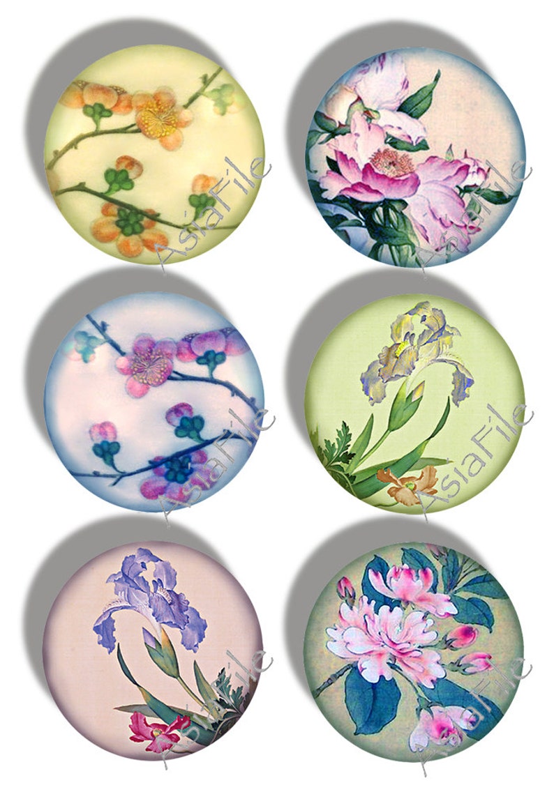 Printable Floral 1.5 Inch Circles Digital Asian Flowers | Etsy
