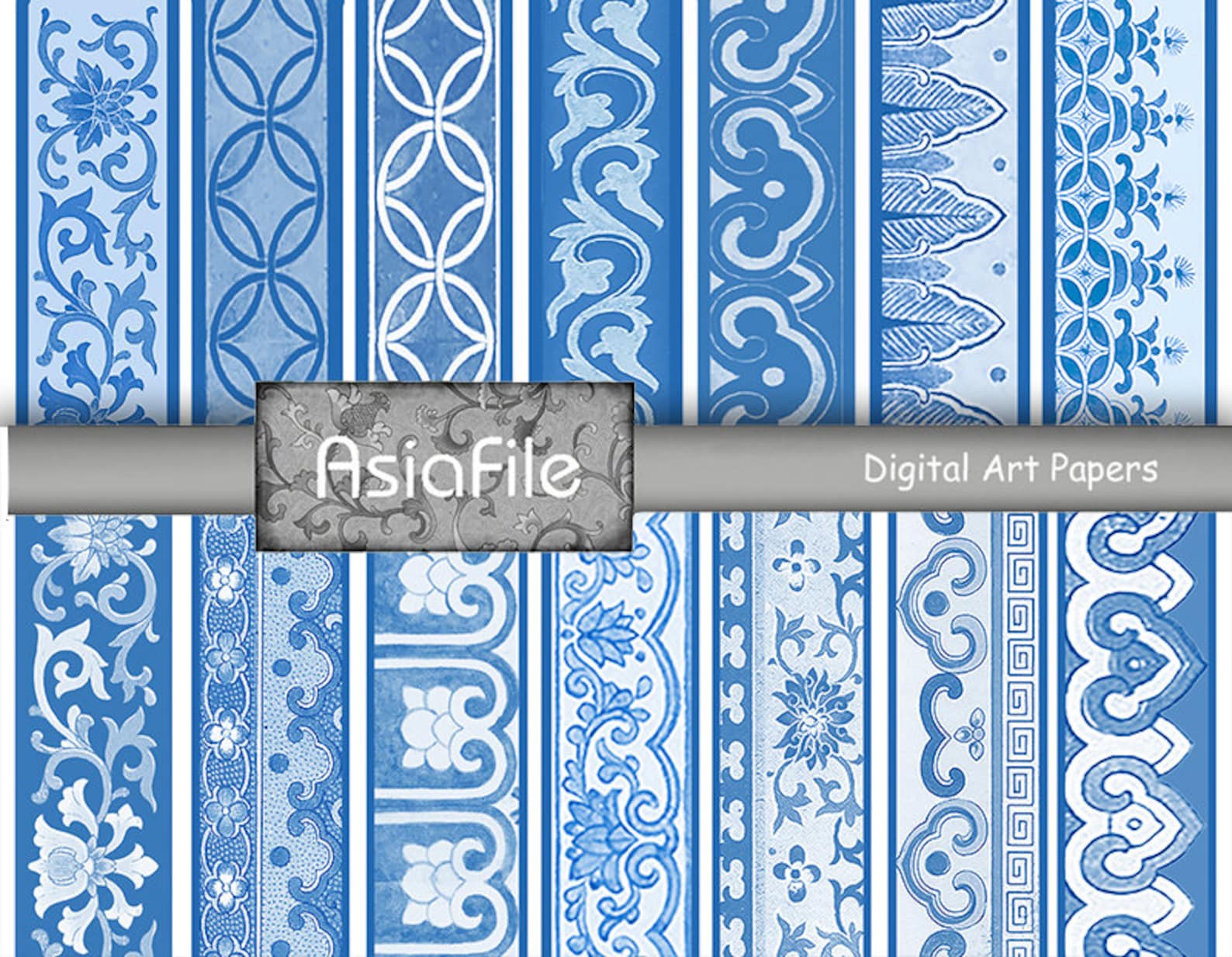 Digital Printable Asian Chinese Borders Art Strips 1" X 11" China Blue ...