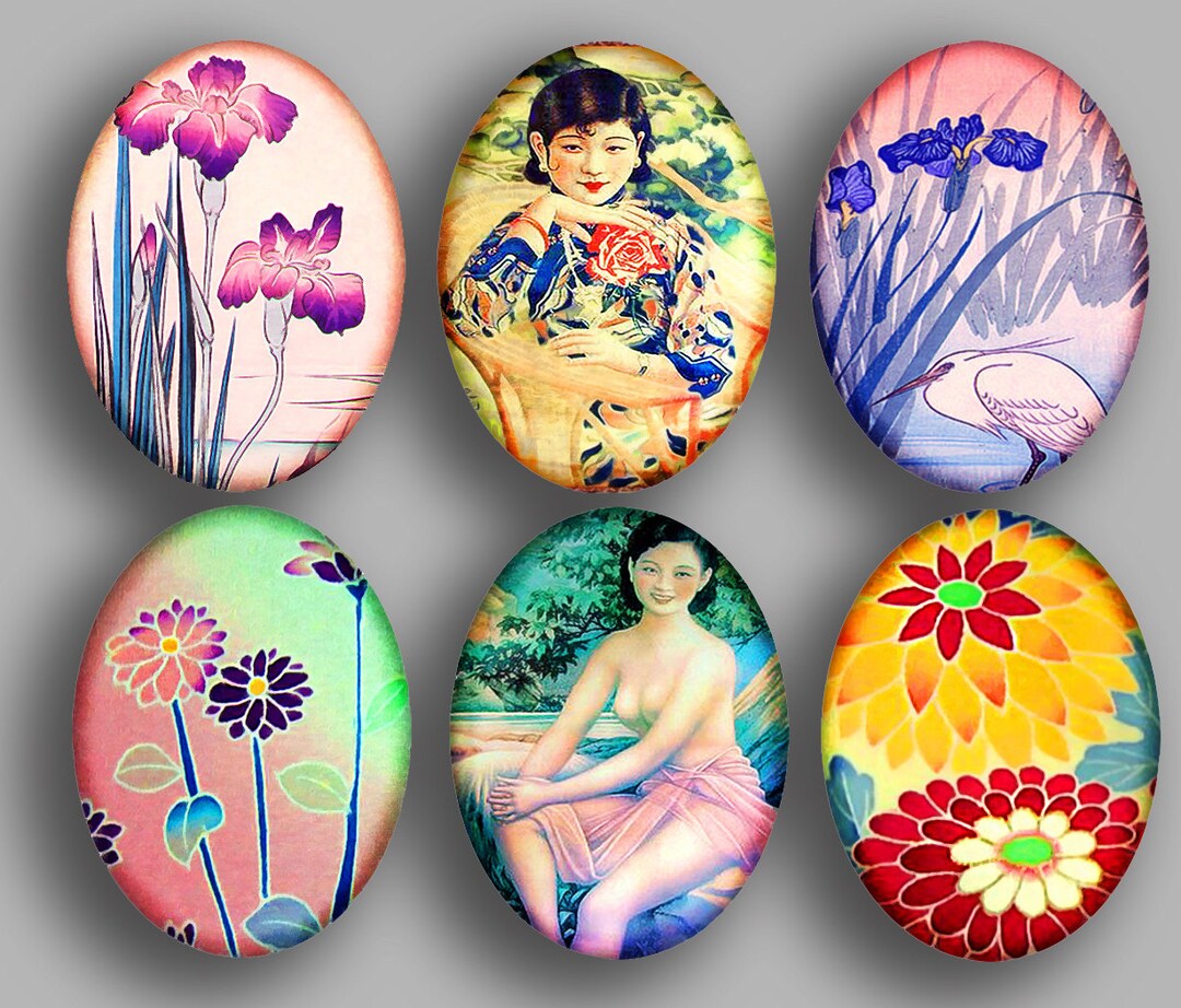 SALE Printable Digital Collage Sheet 30mmx40mm Ovals Cabochons Image Transfer Etc Various Asian ...