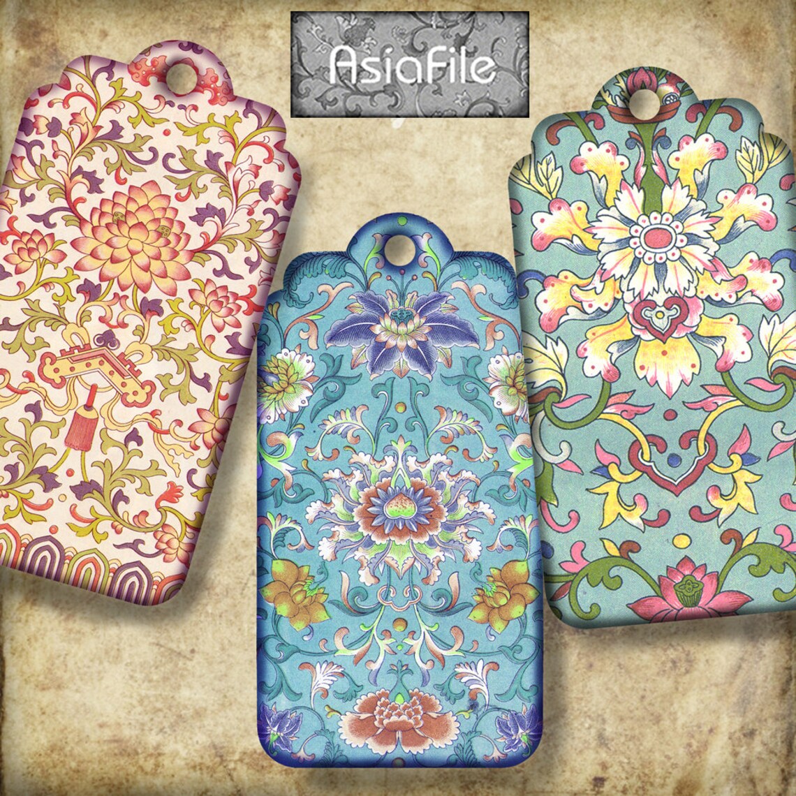 Digital Tags Printable Chinese Ornament Floral Asian Gift Tags Jewelry ...