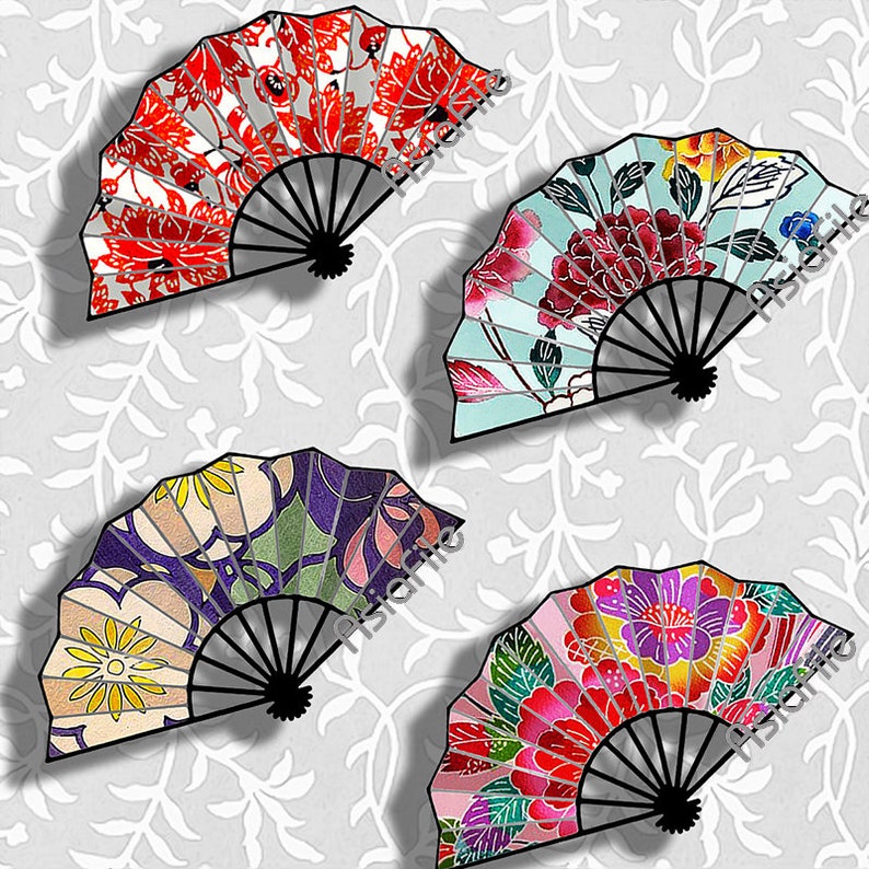 Digital Asian Fans 2.25" 16 Different Japanese Designs Decoupage ...