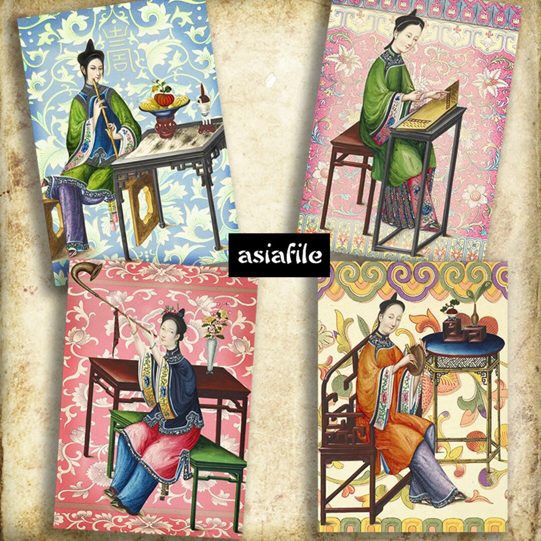 Digital Printable Art Cards Asian Art Collages Chinese Ladies 3.5" X 5 ...