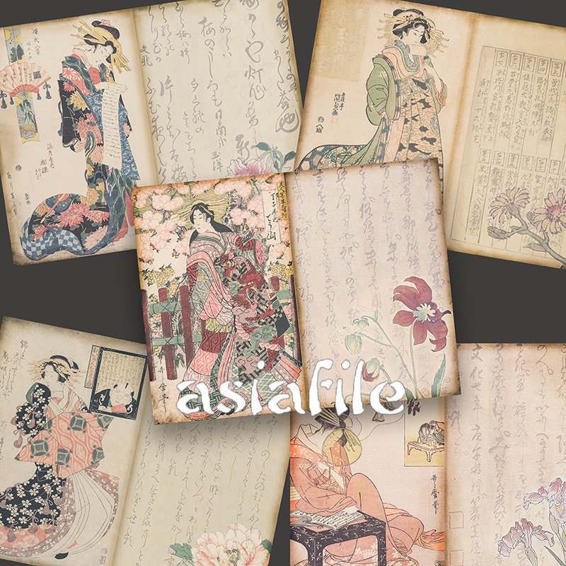 EIGHT Digital Junk Journal Pages Antique Japanese Collages | Etsy