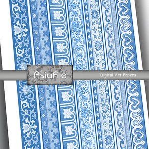 Digital Printable Asian Chinese Borders Art Strips 1" X 11" China Blue ...