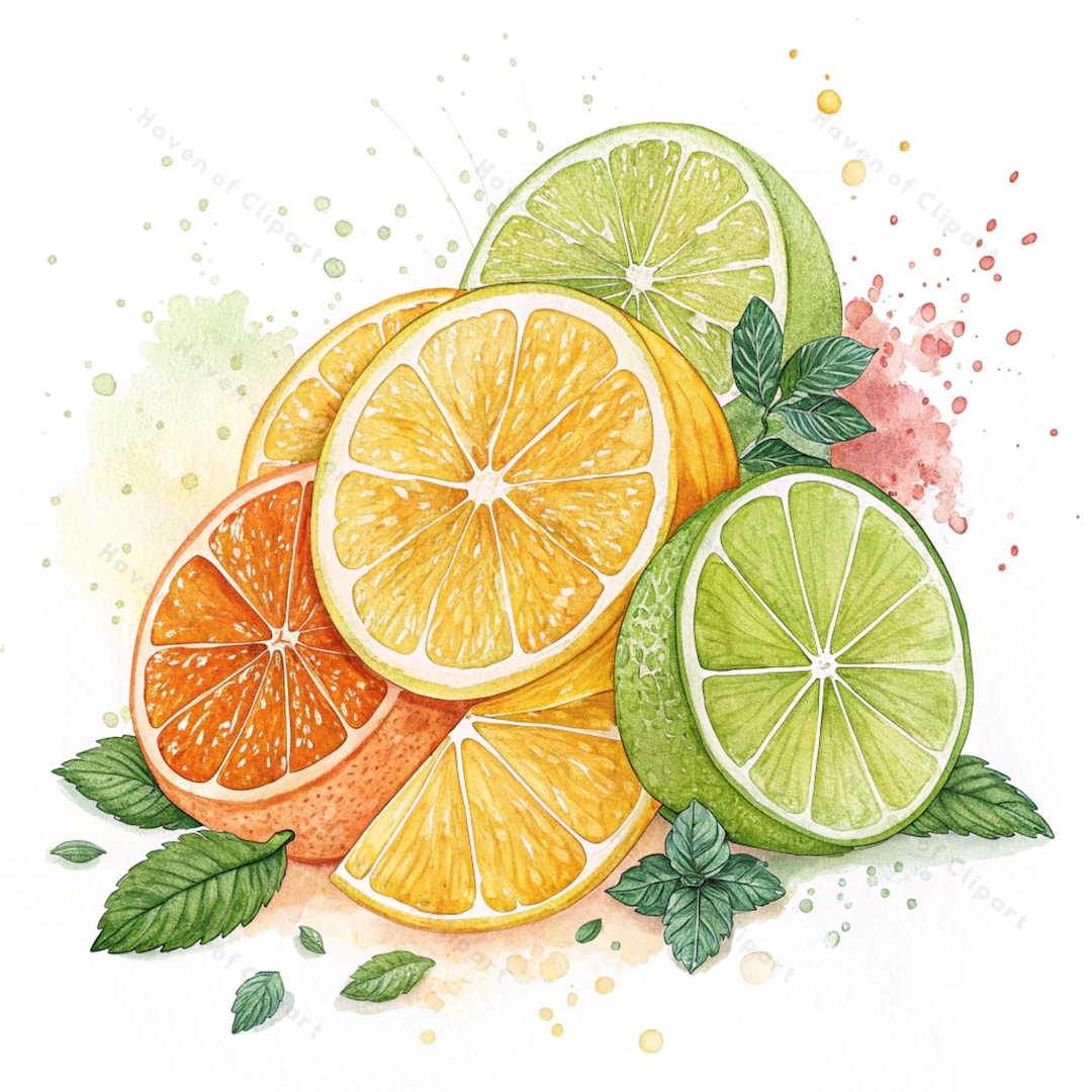 12 Citrus Slice Splash Clipart • Watercolor Lemon, Lime & Orange Fruit ...