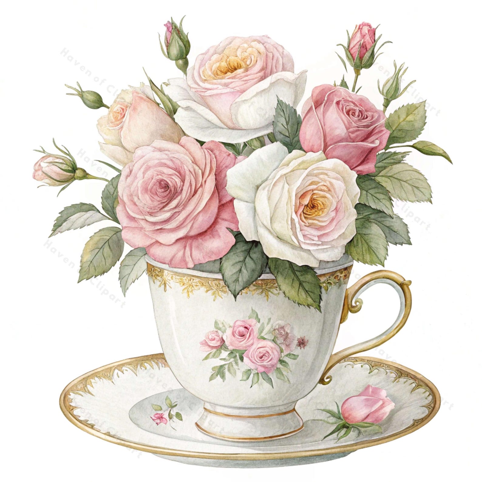 12 Watercolor Teacup With Soft Pink & Cream Roses Clipart • Vintage ...