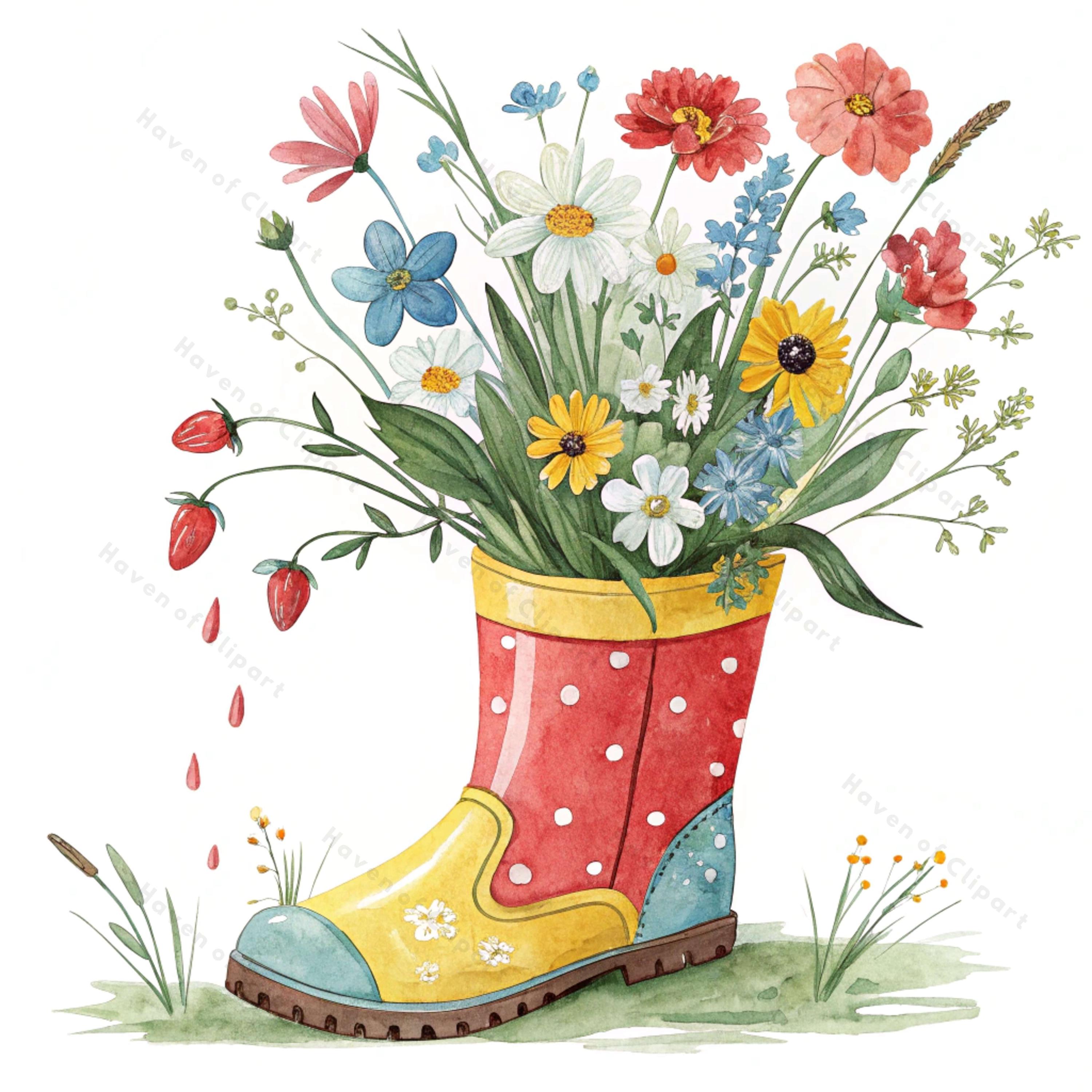 12 Watercolor Rain Boot Flower Planter Clipart • PNG/JPG • Playful ...