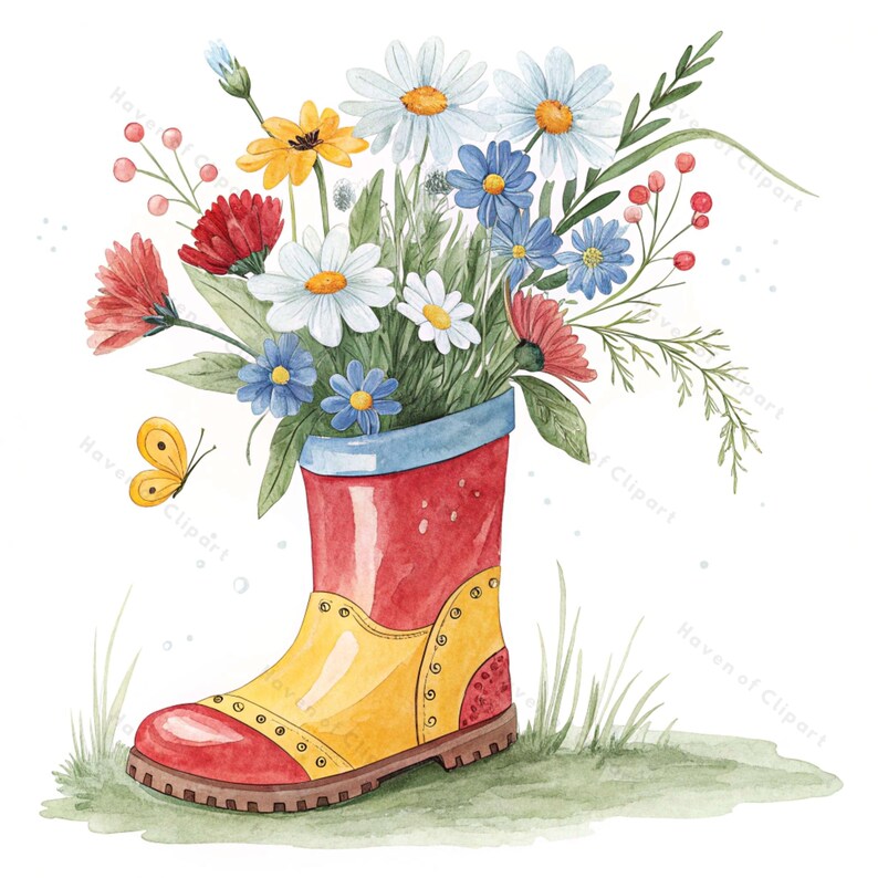 12 Watercolor Rain Boot Flower Planter Clipart • PNG/JPG • Playful ...